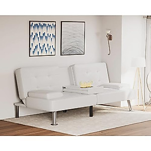 Flamaker Futon Sofa Bed Modern Folding Futon Set Faux Leather Convertible Recliner Lounge for Living Room with 2 Cup Holders, Removable Armrests (Faux Leather, White)