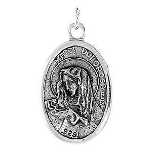 Sterling Silver Jesus with Crown of Thorns Sorrowful Mother Medal Pendant Oxidized finish Double Sided Oval 1 inch