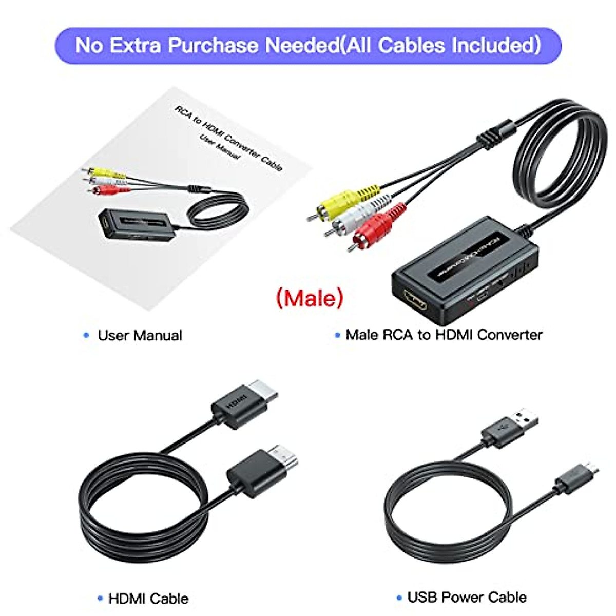 Male RCA to HDMI Converter with HDMI Cable for DVD/STB/VHS with Female RCA Output(RCA Cable Integrated), CVBS AV Composite to HDMI Converter Supports Full HD 720P/1080P Output Switch