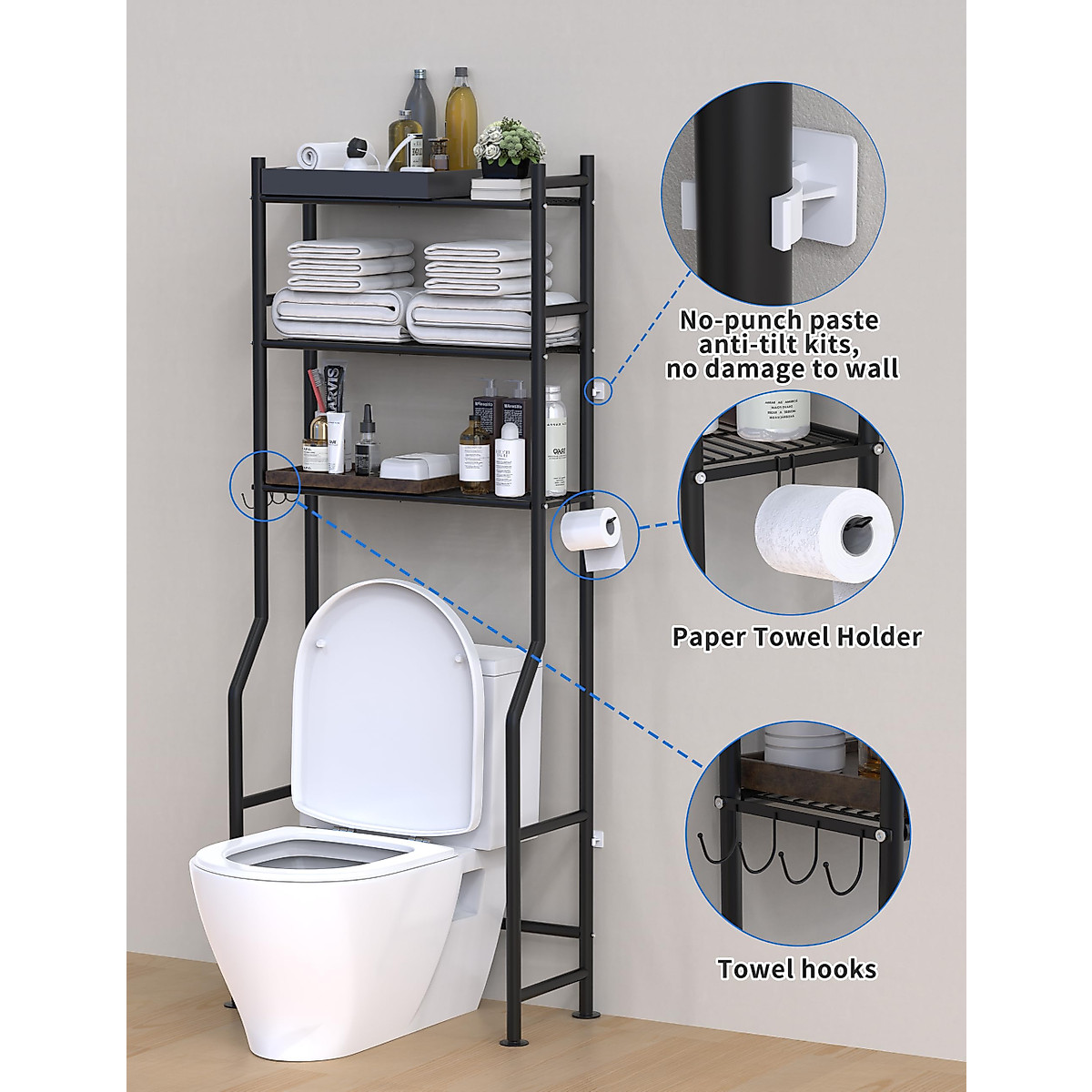 Livilord Over Toilet Storage Shelf, 3-Tier Freestanding Over The Toilet Storage, Metal Bathroom Shelves with Paper Holder and 4 Hooks, Above Toilet Shelf for Bathroom Storage, Black