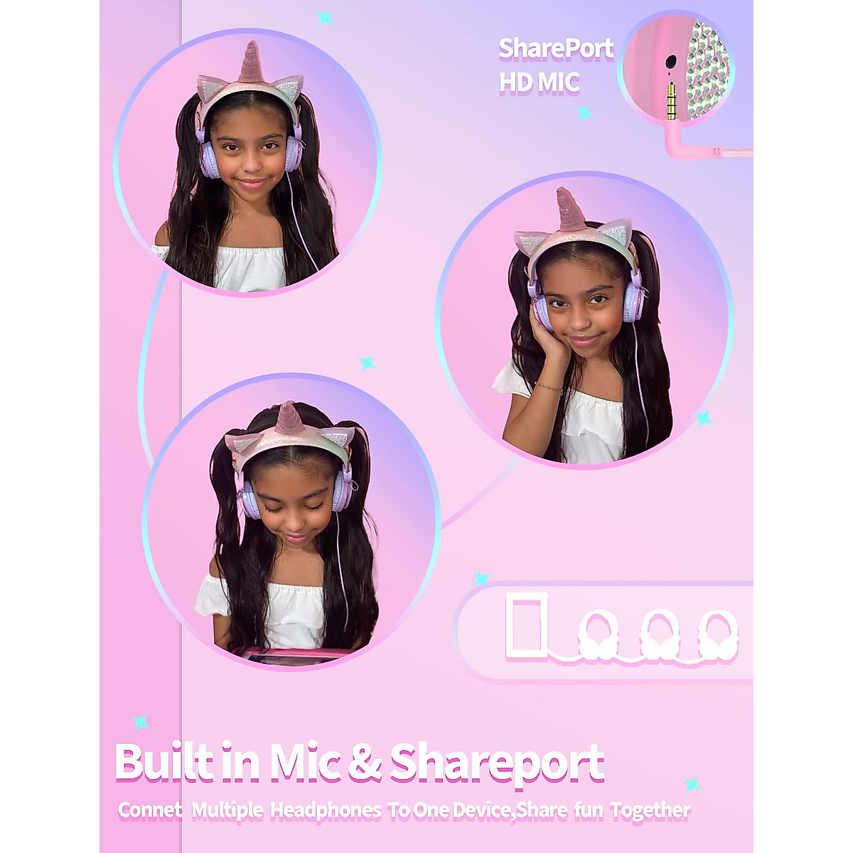 charlxee Kids Unicorns Headphones with Mic for School/Travel,95dB Volume Limited,Shareport,On/Over Ear Wired Headsets with Nylon Cable-Light Purple