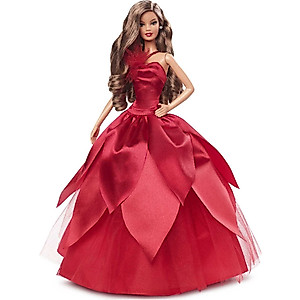 Barbie Signature 2022 Holiday Doll, Light-Brown Wavy Hair Wearing Red Poinsettia-Inspired Gown, Collectible with Doll Stand & Certificate of Authenticity