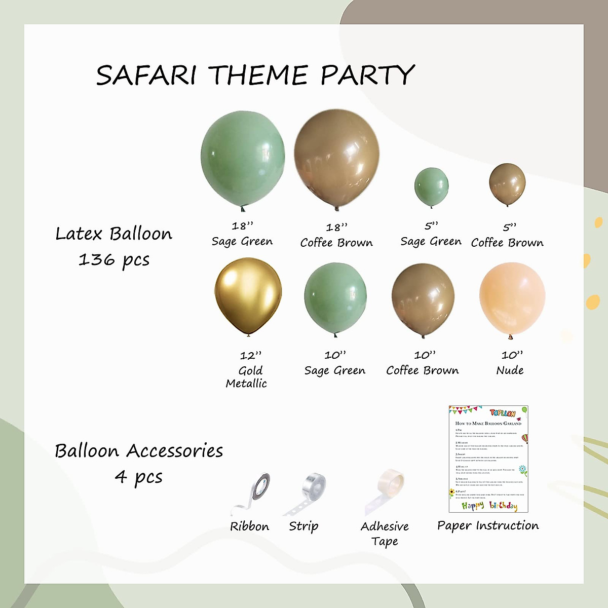 TOPLLON Sage Green Balloon Garland Kit 140 Pcs, Safari Woodland Balloon Arch with Brown Beige Gold Matte Balloons for Baby Shower Safari Birthday Decorations