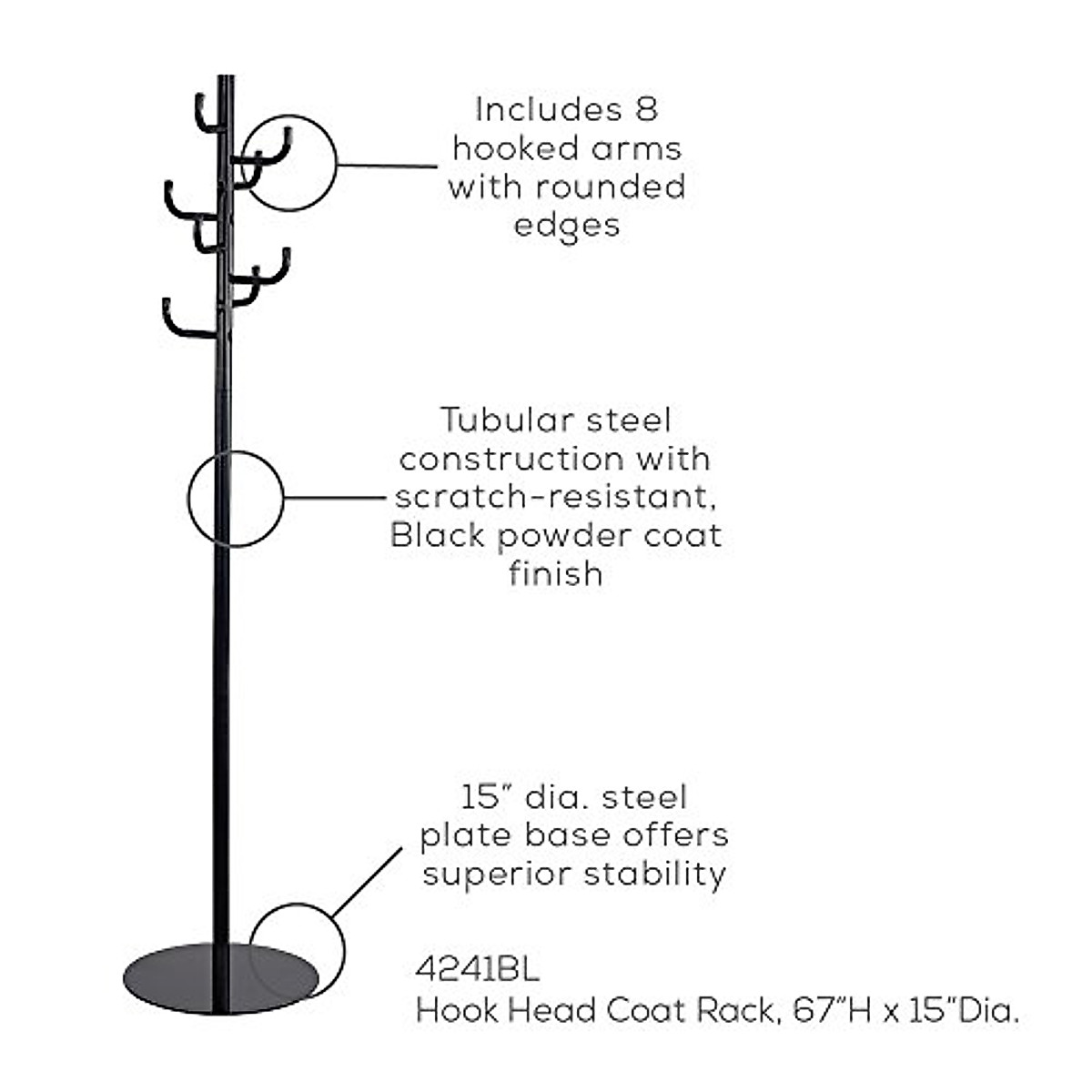 Safco Products 4241BL Hook Head Coat Rack with 8 Rounded Edge Hooks and Wood Accents, Durable Black Powder Coat Finish