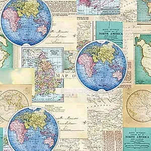 Vintage Map Collage Cotton Fabric by The Yard, 1 Yard Precuts