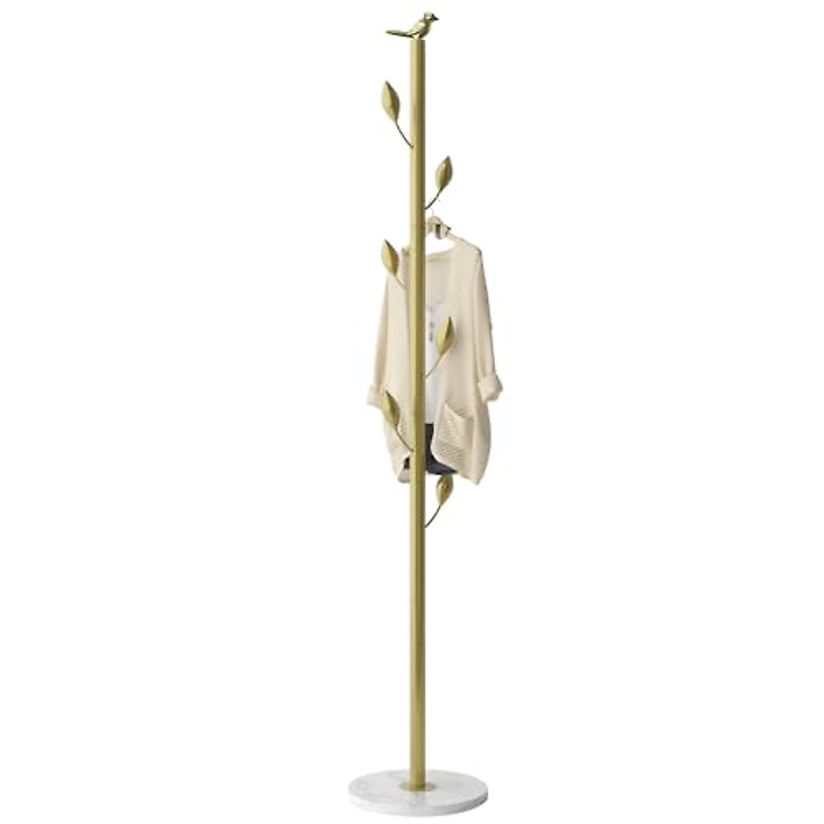Julenshion Metal Coat Rack Freestanding Coat Tree Clothes Stand with 6 Hooks,Top with Bird, Marble Base for Coats Hats Bags Purses Entryway Hallway Bedroom(Gold