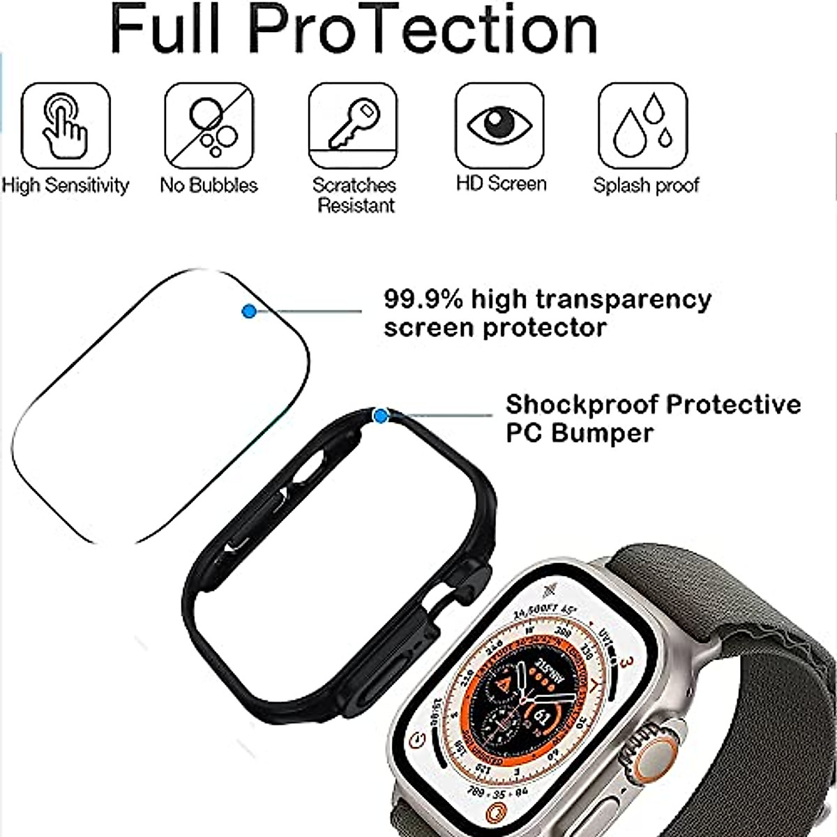 VeveXiao Compatible with Apple Watch Ultra 49mm Screen Protector, iWatch PC Case PET Film All-Around Bumper Protective Cover for iWatch 8 Smartwatch Accessories (Black)