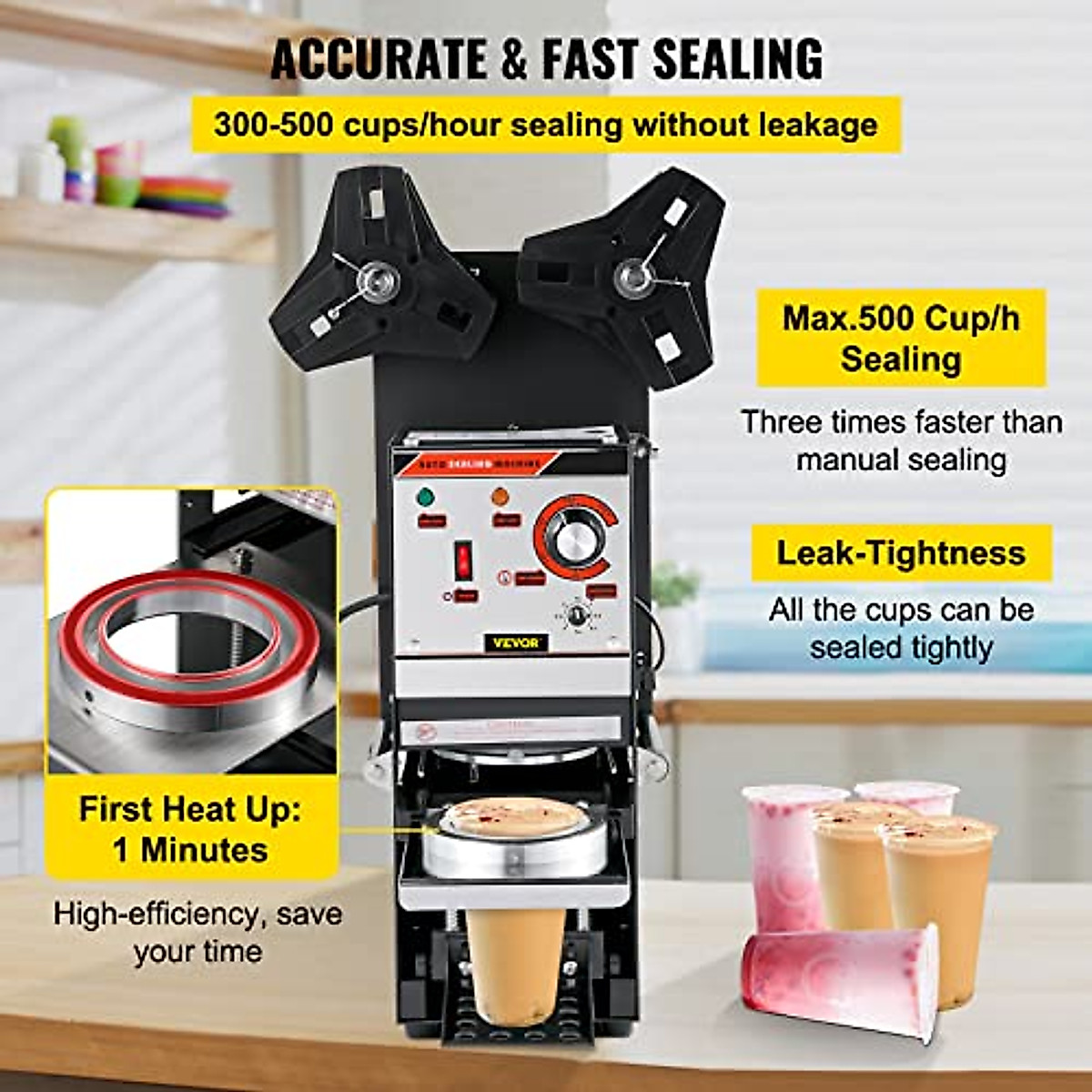 VEVOR Semi-automatic Cup Sealing Machine, 300-500 Cup/h Tea Cup Sealer Machine Black Boba Cup Sealer Machine, 90/95mm Cup Diameter Boba Cup Sealing Machine with Control Panel for Bubble Milk Tea