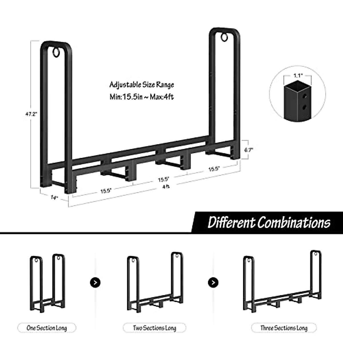 SunyesYo Firewood Rack Outdoor 4ft with Waterproof Cover - Heavy Duty Log Rack Indoor Holder, Upgraded Adjustable Fire Wood Racks, Storage Organizer Stand Tool for Fireplace, Black