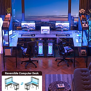 Unikito L Shaped Gaming Desk with LED Strip and Power Outlets, Reversible L-Shaped Computer Desk with Storage Shelves, Corner Desk with Hutch, 2 Person Home Office Desk, Black Oak