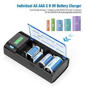 POWXS Smart AA AAA C D 9V Battery Charger, 1000mA Fast Charge, USB or Type-C Input, Independent Charge with Discharge Function(Includes a Free Charger Cable)