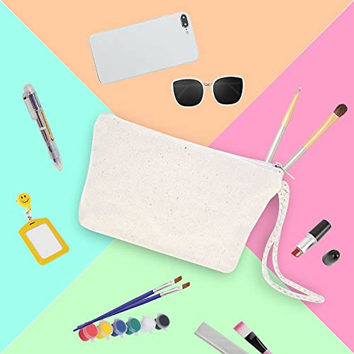 Muka 12 Pack 100% Cotton Canvas Bag Natural Wristlet Pouch with Black Zipper 7-1/2 x 4-1/4 x 2 Inches