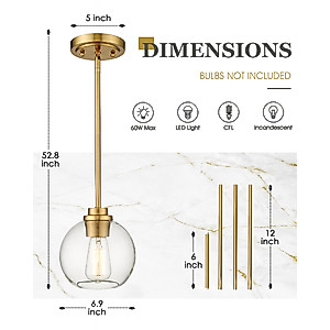 Audickic Brass Pendant Lights Kitchen Island 2 Pack, Farmhouse Gold Pendant Light with Clear Glass Globe Shade, Kitchen Island Lighting for Dining Room Entryway, AD-22280-1P2-GD-C