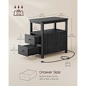 VASAGLE Side Table with Charging Station, Narrow Nightstand with 2 Drawers, Living Room End Table with Storage, for Small Spaces, Coastal Style, Charcoal Gray ULET322B22