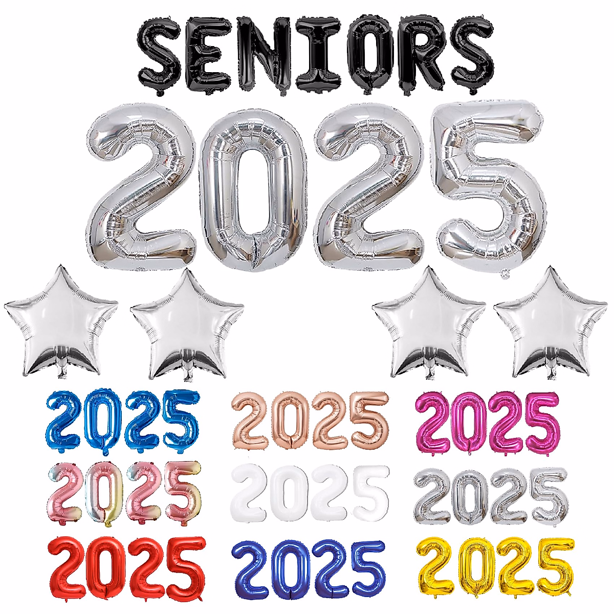 Seniors 2025 Balloons with 4 Star Balloons - High School College Seniors Decorations Balloons - 2024 Seniors Banner for Graduation Party Decor Foil Letter Balloons with Ribbon, Straws & Adhesive Dots