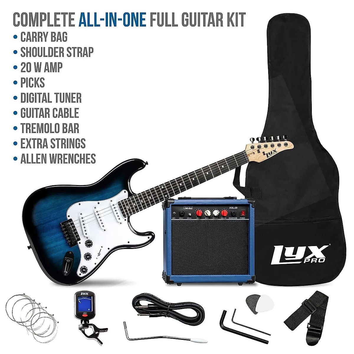 LyxPro 39 inch Electric Guitar Kit Bundle with 20w Amplifier, All Accessories, Digital Clip On Tuner, Six Strings, Two Picks, Tremolo Bar, Shoulder Strap, Case Bag Starter kit Full Size - Blue