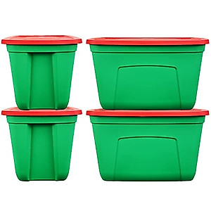 SIMPLYKLEEN 4-Pack Christmas Storage Totes with Lids (Red/Green), 18-Gallon (72-Quart) Organization Bins, 25.50" x 17.00" x 15.25", Holiday Organizer, Plastic Storage Container Made in the USA