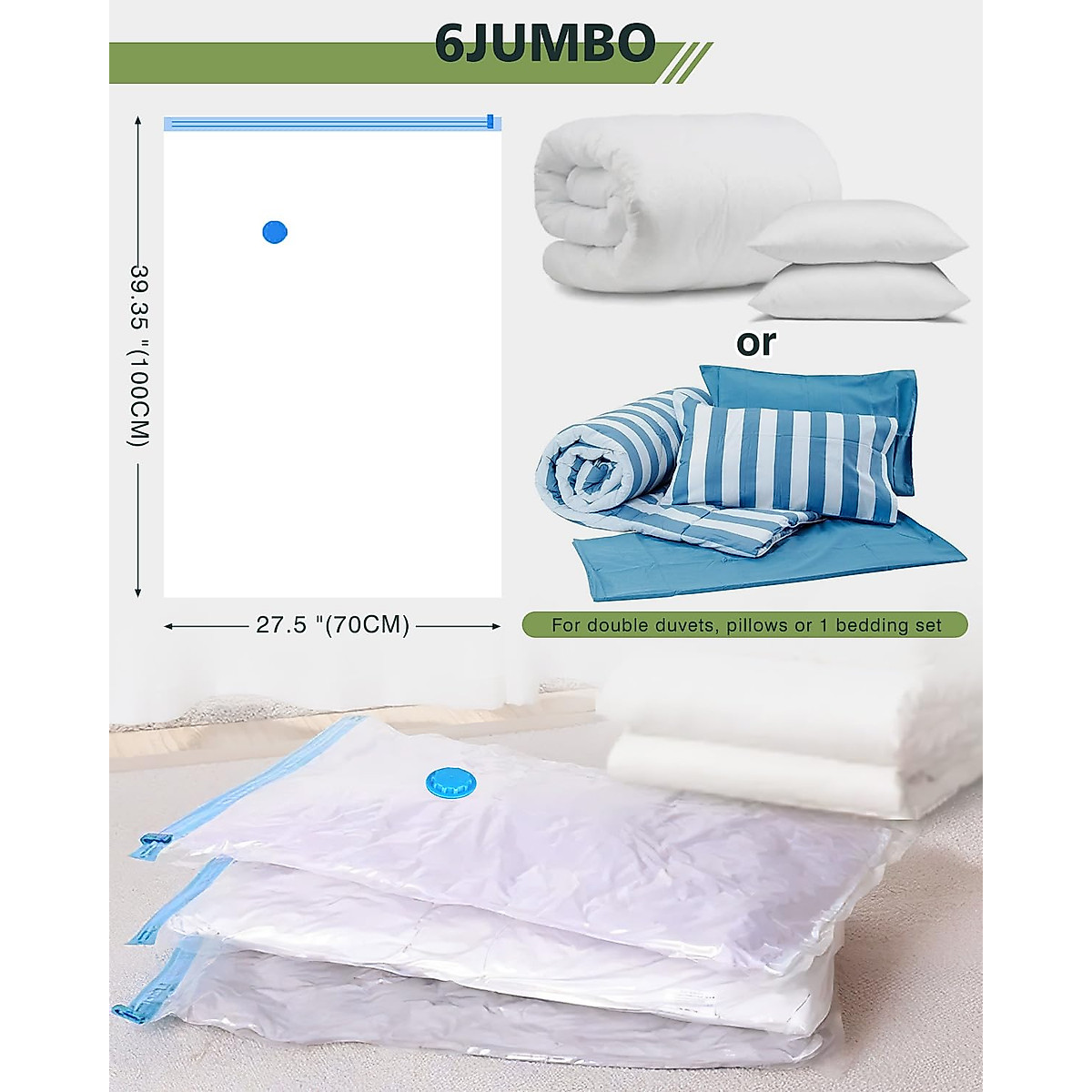 Vacuum Storage Bags (6 Jumbo Pack) Space Saver Bags with 1 Electric Air Pump Vacuum Seal Bags Compression Bags for Clothes Blanket Duvets Pillows Comforters Travel Moving