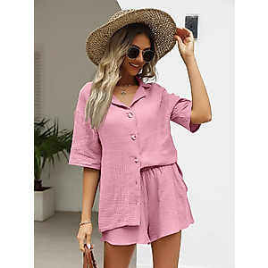AUTOMET 2 Piece Sets For Women Lounge Wear Matching Two Piece Pajama Fashion Oversized Shirts And Shorts Spring Outfit 2025 Pink02 M