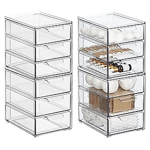 mDesign Plastic Stackable Organizer with 3 Drawers - Pull-Out Drawer Storage Bin for Bathroom Sink/Cabinet Organization - Perfect for Makeup, Small Towels, and More - Lumiere Collection, 4 Pack, Clear
