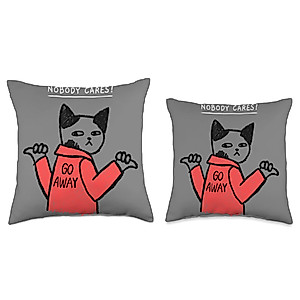 Cats Gifts - click to show more designs! Go Away Cat Kitty Nobody Cares Funny Gift Black Throw Pillow, 18x18, Multicolor