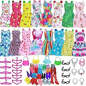 BJDBUS 42 pcs Doll Clothes and Accessories Including 10 pcs Fashion Mini Dresses 32 pcs Shoes, Glasses, Necklaces, Handbag, Hangers Accessories for 11.5 Inch Girl Doll