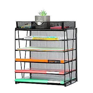 Samstar Paper Letter Tray, 5 Tier Desk File Organizer Paper Shelves Sorter Rack with Sliding Drawer and Extra Pen Holder, Black
