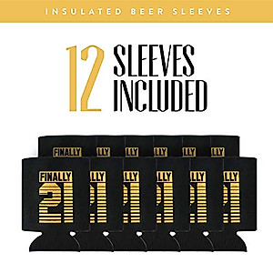 21st Birthday Party Decorations for Him, Insulated Can Coolers for Birthday Party Favors for Men, Soda and Beer Sleeves Birthday Party Supplies for Guys, 12-Pack, Black & Gold
