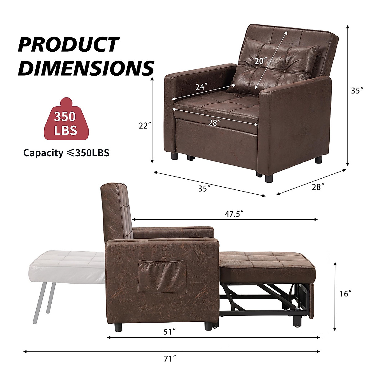 Convertible Sofa Bed, Sleeper Sofa with Adjustable Backrest, Armchair, Sofa, Bed, 3 in 1 Sleeper Chair, Single One, Brown