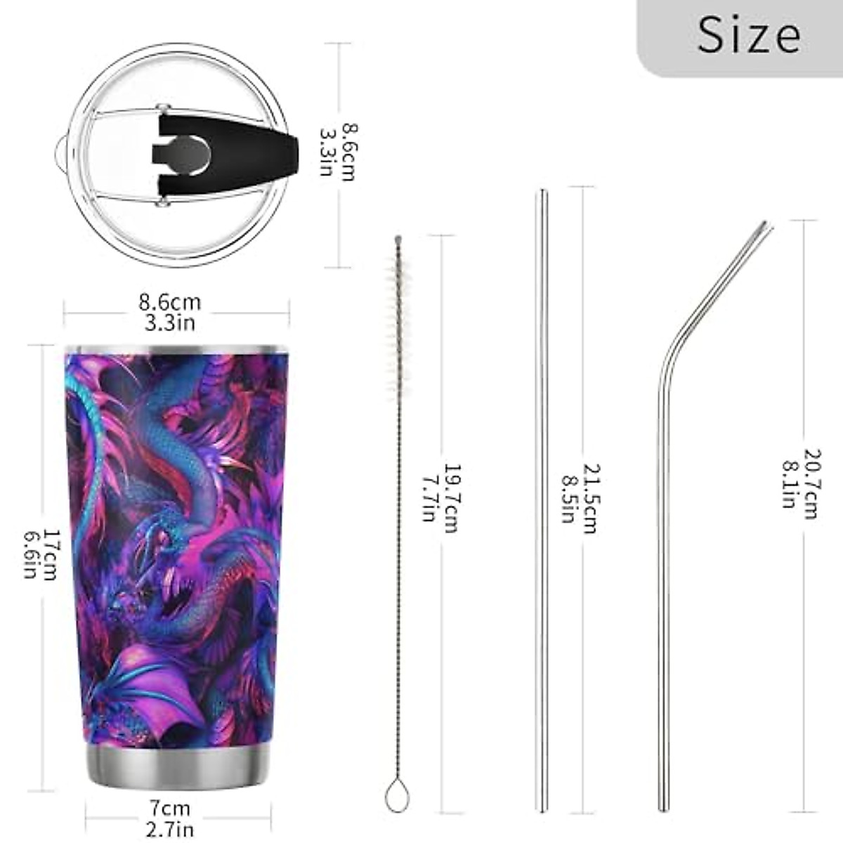 HXshaoye Cyberblue purple dragon Stainless Steel cups for hot and cold with Straw Leak Resistant Flip mug spill proof leak proof for School, Sports, Daycare, Camp & More leakproof 20oz coffee tumbler