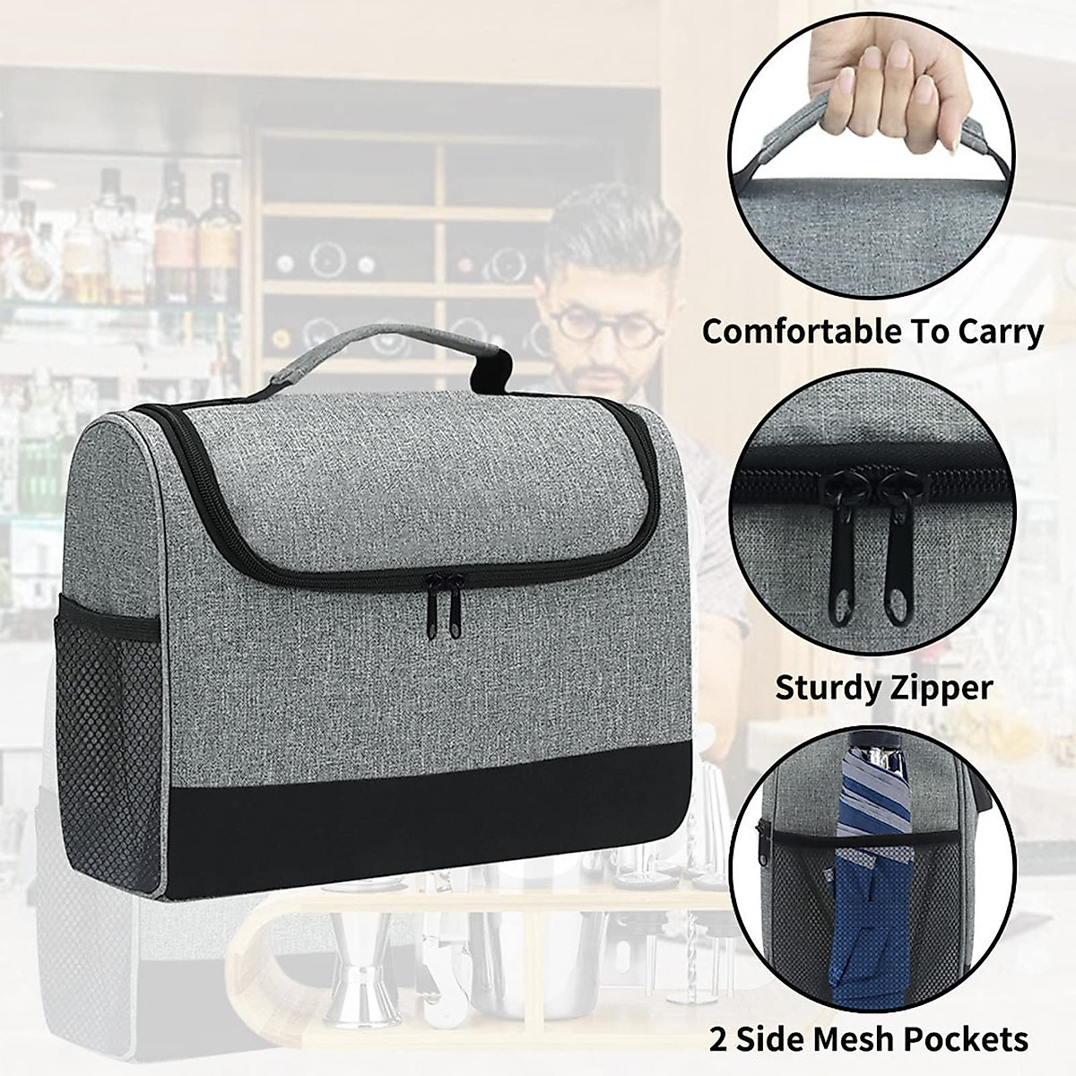 Jaugufiy Canvas Bartender Bag, Portable Travel Carrying,Cocktail Shaker Tool Set Travel Carrying Bag with Handle, Portable Travel Bar Carrier for Bar Kit, Bag Only（Grey）