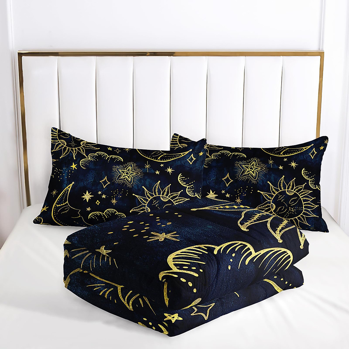 Ntlfup Sun and Moon Comforter Set Twin Size, Starry Sky Celestial Star Bedding Set for Kids Boys Girls, Blue Golden Bohemian Gothic Comforter Set