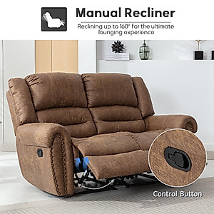 EBELLO Faux Leather Manual Loveseat Recliner, 2 Seat Reclining Sofa Chair with Soft Padded Seat Backrest, Couch Sofa Set for Living Room, Bedroom Furniture, Meeting Room, Brown (Loveseat)