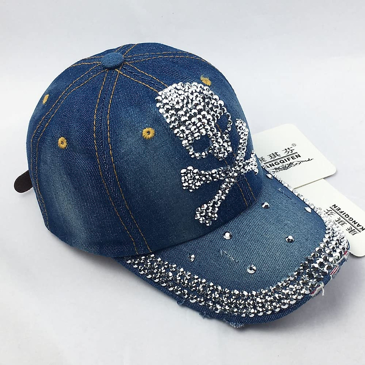 Kangqifen Women Rhinestone Pattern Distressed Denim Baseball Cap Sparkle Bling Hat Adjustable (Skull-03)