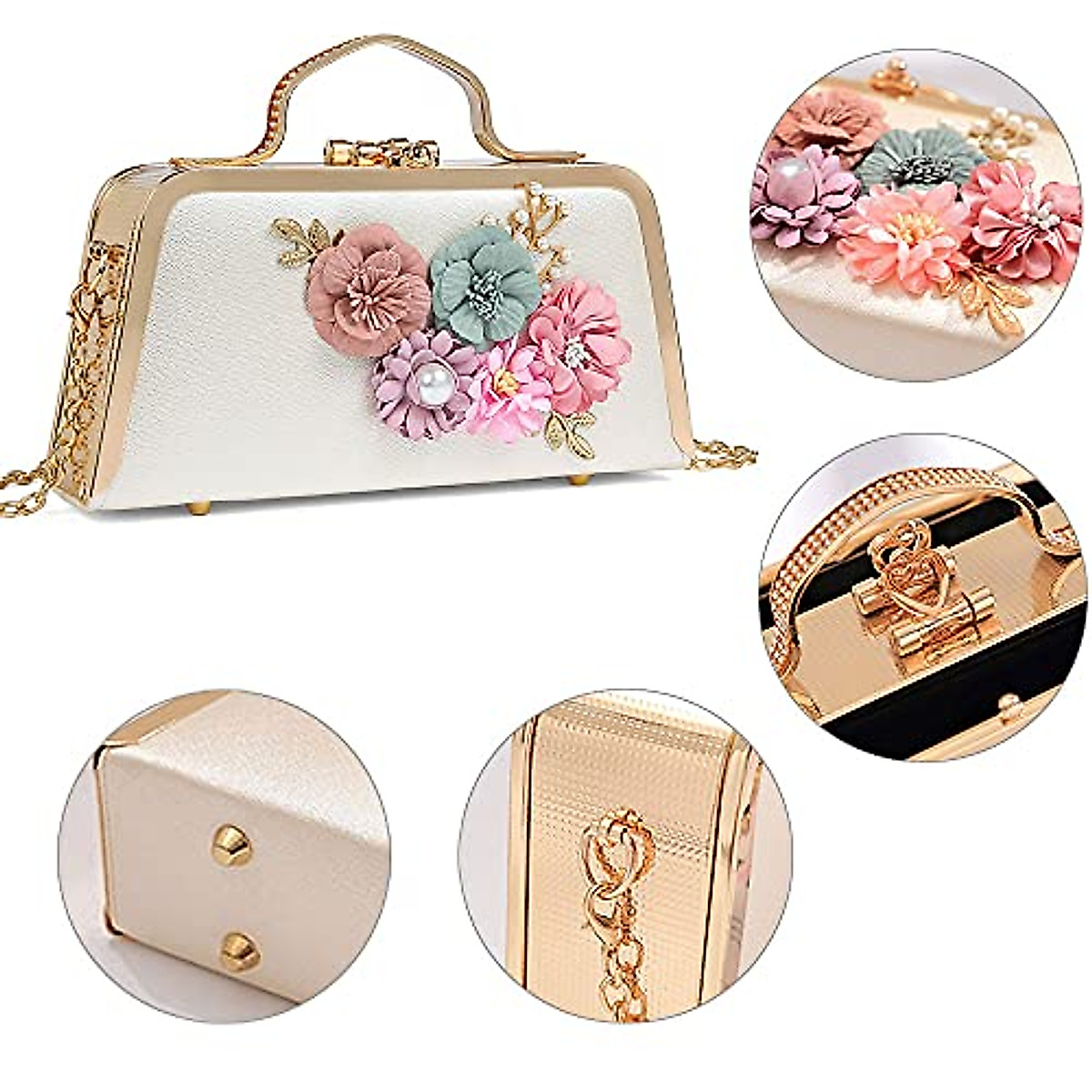 Gold Evening Bag for Women, Flower Wedding Evening Clutch Purse Bride Floral Clutch Bag