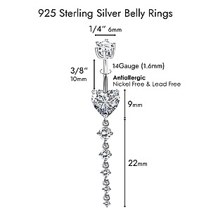 Musegetes Sterling Silver Belly Button Rings, Real 925 Sterling Silver, 14G Sterling Silver Navel Rings, High Polished Smooth Surface, Resists Allergy, Sterling Silver, cubic zirconia
