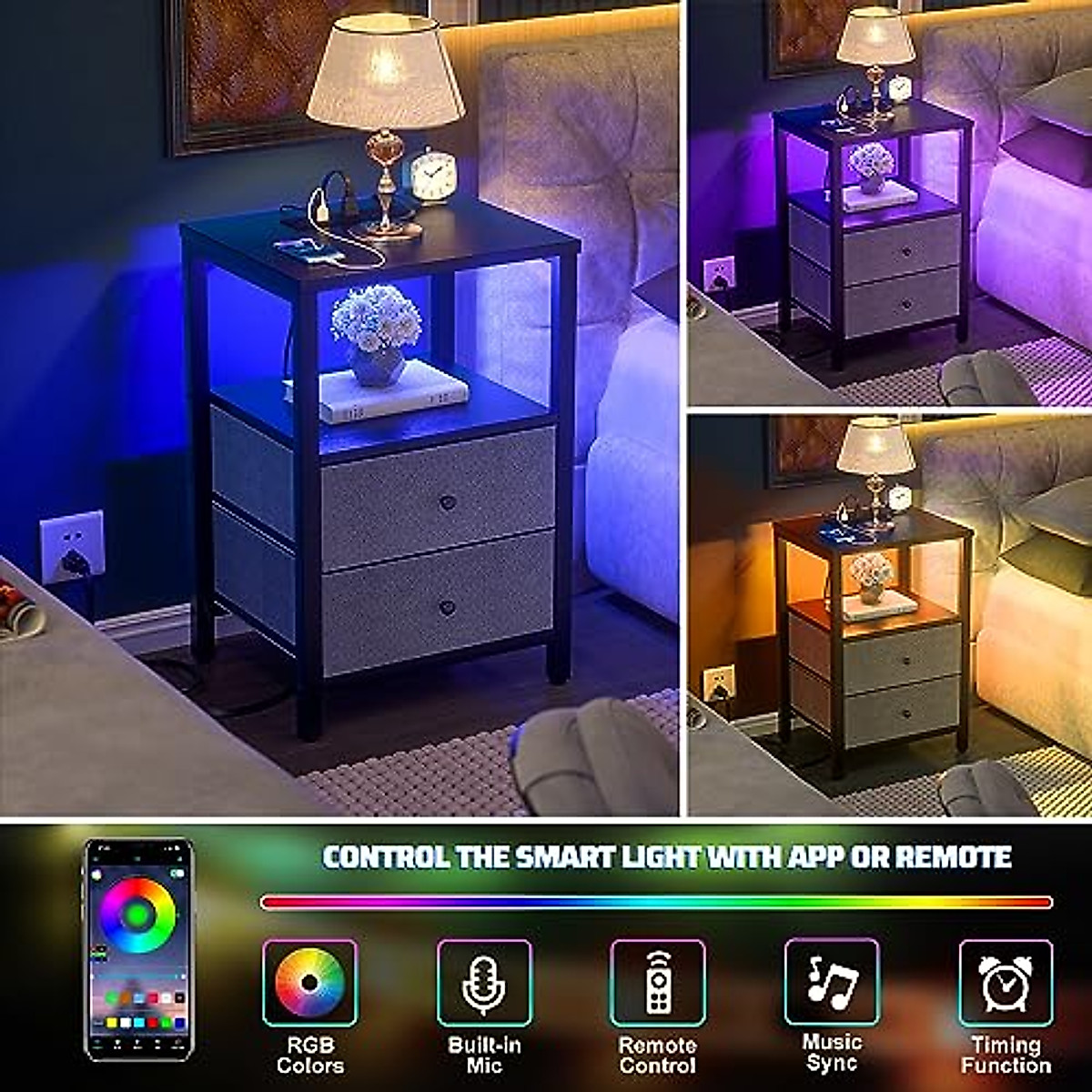 Cyclysio Night Stands Set of 2 with Charging Station, Night Stand with LED Lights, 25.6'' End Table Bedside Tables with 2 Drawers, 3 Tier Tall Night Stand with Storage for Bedroom Living Room, Black