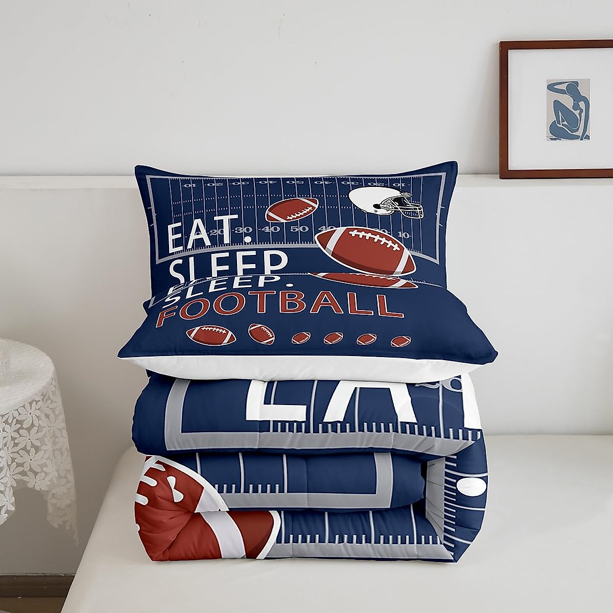 Feelyou Rugby Comforter Set Twin Size Football Field Coverlet Set for Kids Boys Girls Decor Ball Games Comforter Microfiber Navy Blue Quilt Set Bedroom Bedclothes