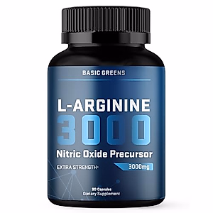 BASIC GREENS L Arginine 3,150mg (90 Capsules) L-Arginine Supplement for Men and Women with Nitric Oxide Precursor | L Arginine Supplement Pills for Men, Sport, Workout, Made in The USA