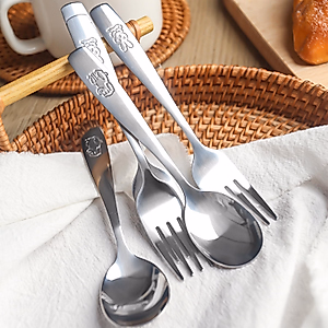 HAKSEN Stainless Steel Toddler Utensils Set, 12PCS Kids Safe Forks and Spoons with Bunny and Puppy Motifs, Mirror Polished & Dishwasher Safe