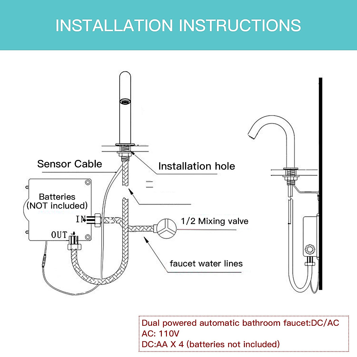 Automatic Bathroom Faucet Touchless Sensor Black Kitchen Faucet Medium Touch-Free Electric Motion Infrared Touchfree Faucet Bar Public Sink Faucet Aerator Spout Commercial AC/DC Power