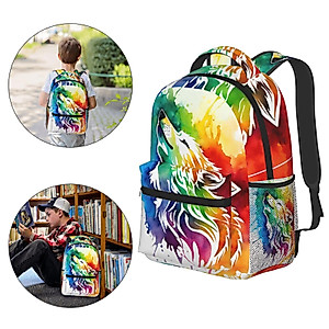 FeHuew Tie Dye Colorful Howl Wolf Backpack Bookbag 16 inch Laptop Bag Shoulder Bag Casual Daypack for Teenager
