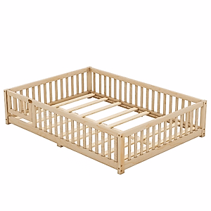 DNYN Full Size Floor Bed for Kids Bedroom,Solid Wood Bedframe w/Door/Safety Guardrails/Wood Slat Support/Easy Assemble/Space Saving Design/No Box Spring Needed, Natural