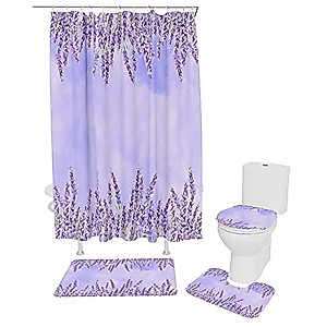 4 Pcs Shower Curtain Set with 12 Hooks Flower Spring Painting Style Lavender Purple Bathroom Sets with Non-Slip Bath Mat Toilet Lid Cover Waterproof Durable Shower Curtain and Rugs