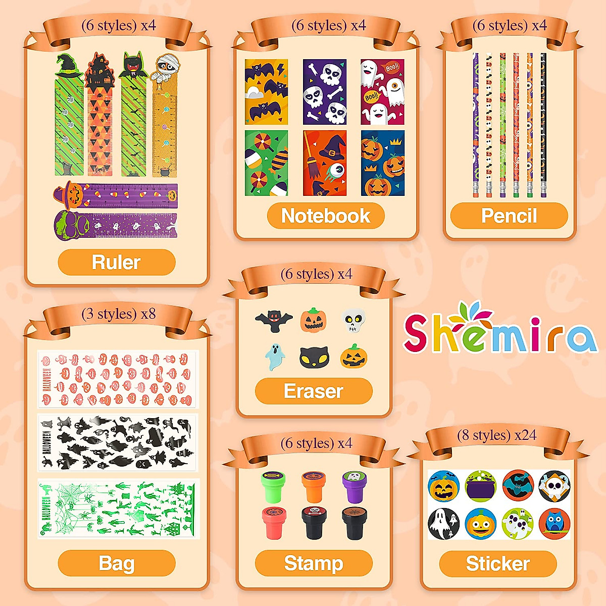 Shemira Halloween Party Favors for Kids,168pcs Halloween Stationery gift kit,Halloween Miniatures Prizes,Trick or Treating Goodie Bag Fillers including Notepad,Stamper,Sticker,Pencil,Eraser,Ruler