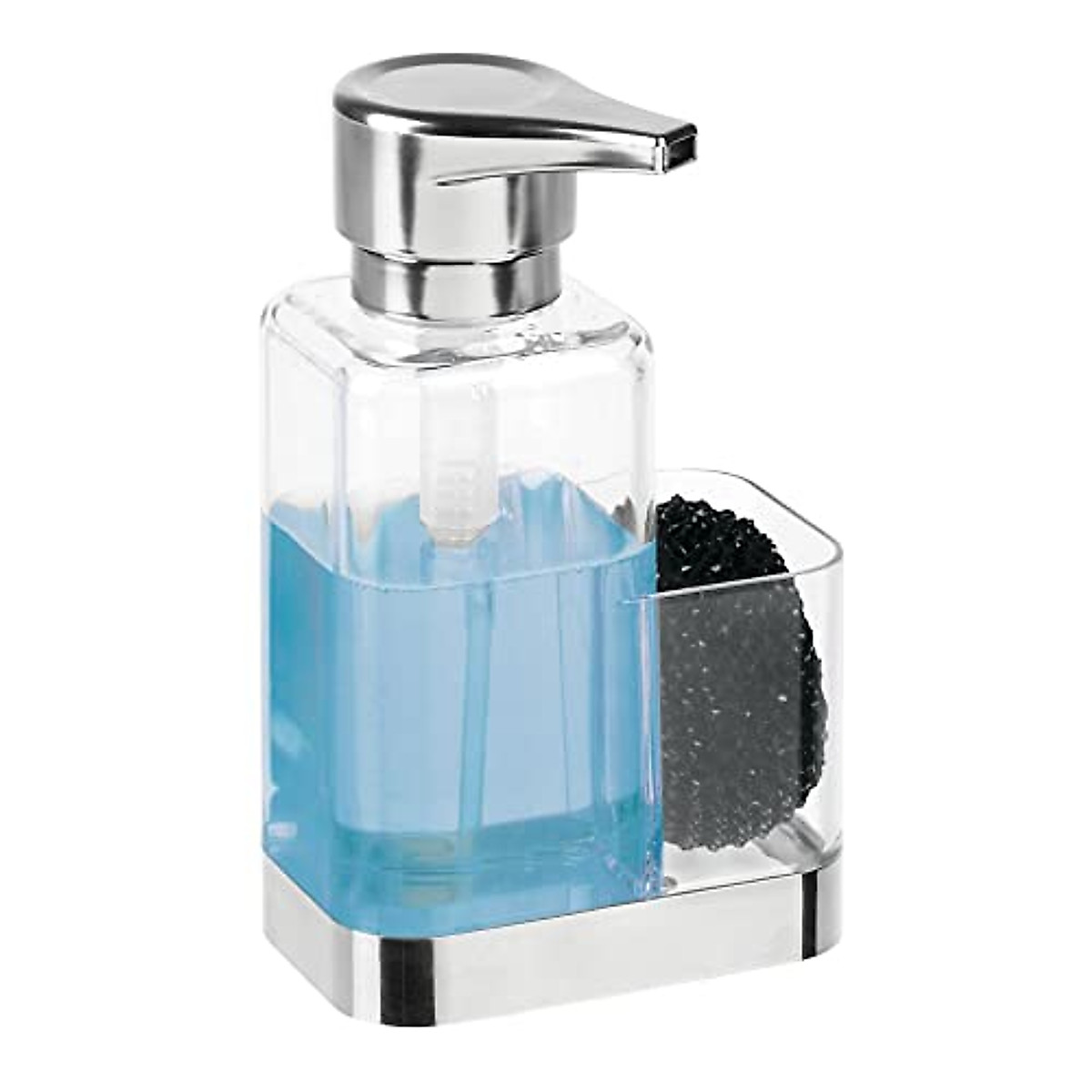 mDesign Modern Plastic Kitchen Sink Countertop Liquid Hand Soap Dispenser Pump Bottle Caddy with Storage Compartment - Holds and Stores Sponges, Scrubbers and Brushes - Clear/Chrome