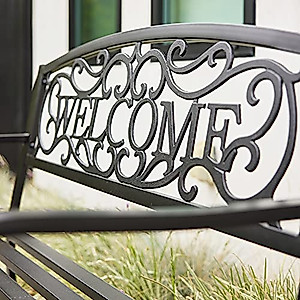 BELLEZE Outdoor Garden Bench, 50 inch Cast Iron Metal Loveseat Chairs with Armrests for Park, Yard, Porch, Lawn, Balcony, Backyard, Antique Patio Seat Furniture Welcome Design, Black