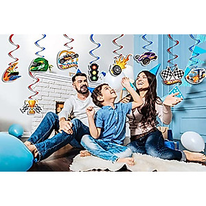 36Pcs Hot Race Car Party Hanging Swirls Decorations, Checkered Flags Racing Themed Foil Ceiling Swirl Whirl for Kids Boys Men Race Fans Birthday Party Supplies