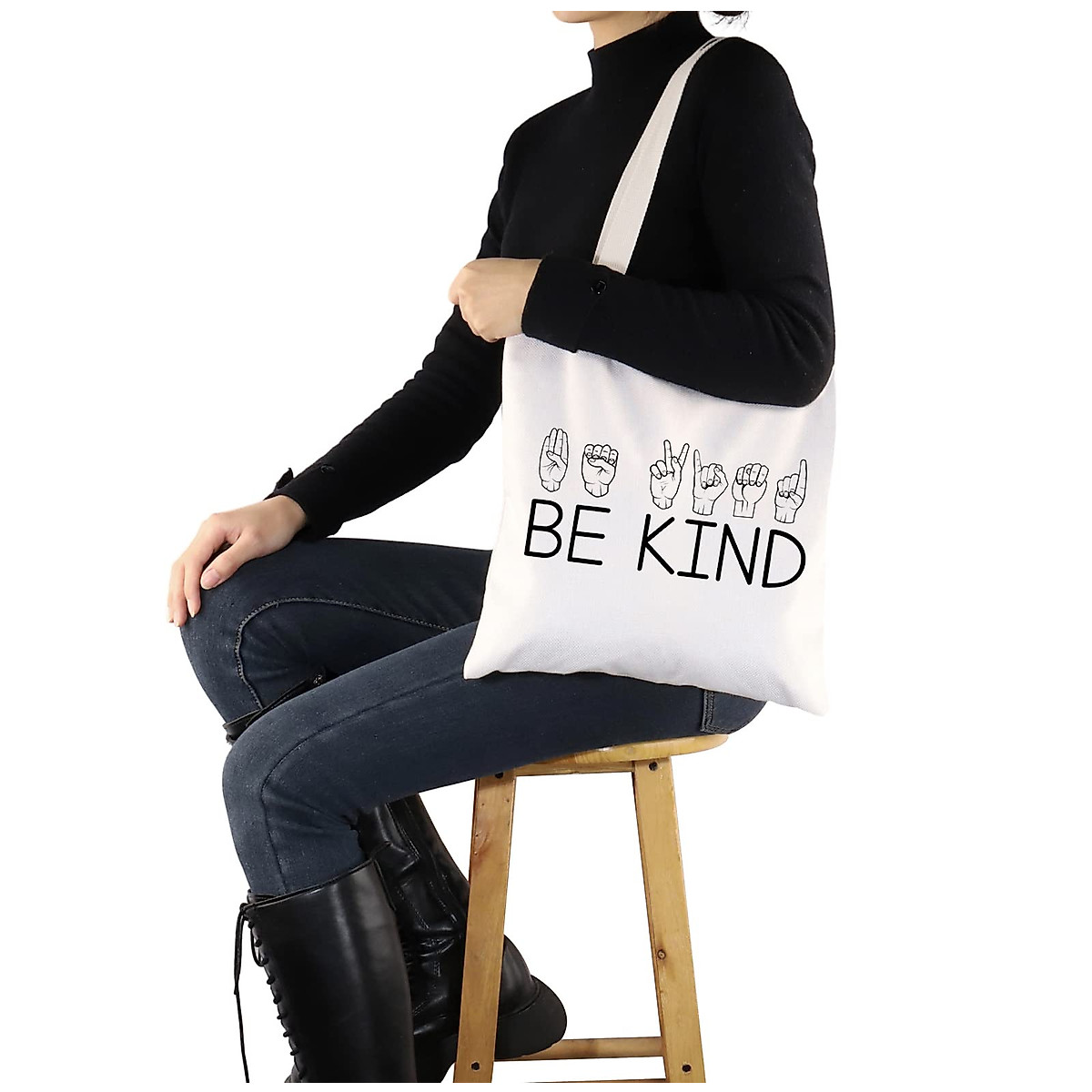 G2TUP ASL American Sign Language Gift ASL Be Kind Sign Reusable Canvas Tote Bag ASL Teacher Thank You Gift Shopping Handbag (ASL Be Kind Handbag)