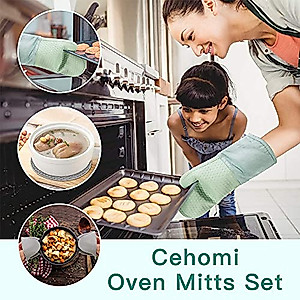 Oven Mitts and Pot Holders Set 8 Pcs, Extra Long Silicone Gloves Kitchen Accessories High Heat Resistant 450 Degree Potholder with Non-Slip Surface Soft Inner Lining for Cooking Baking